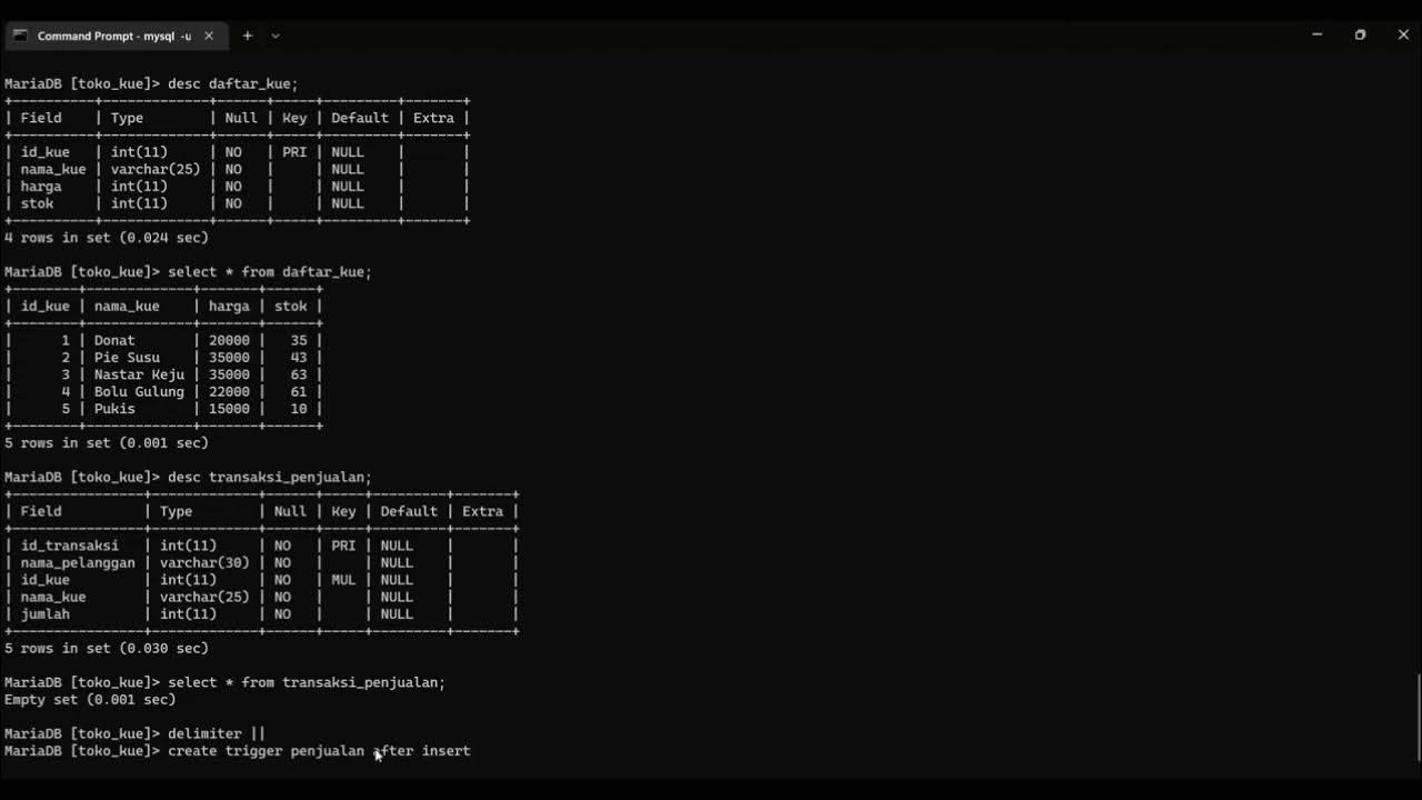 Tugas Membuat Trigger Penjualan Toko Kue pada Mysql - YouTube