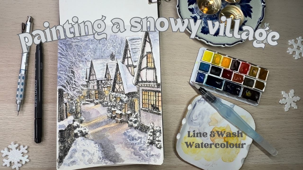 INK & WATERCOLOUR TUTORIAL: How to Paint a Snowy Village - YouTube