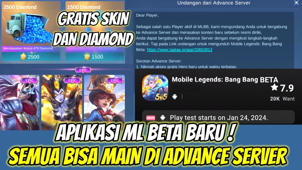 APLIKASI ML BETA BARU ! SEMUA NYA BISA LOGIN KE ADVANCE SERVER, DIAMOND GRATIS DAN SKIN GRATIS ...