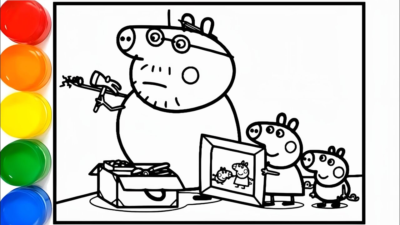 Daddy Pig and Kids with Repair Tools Drawing and Coloring Pages for ...