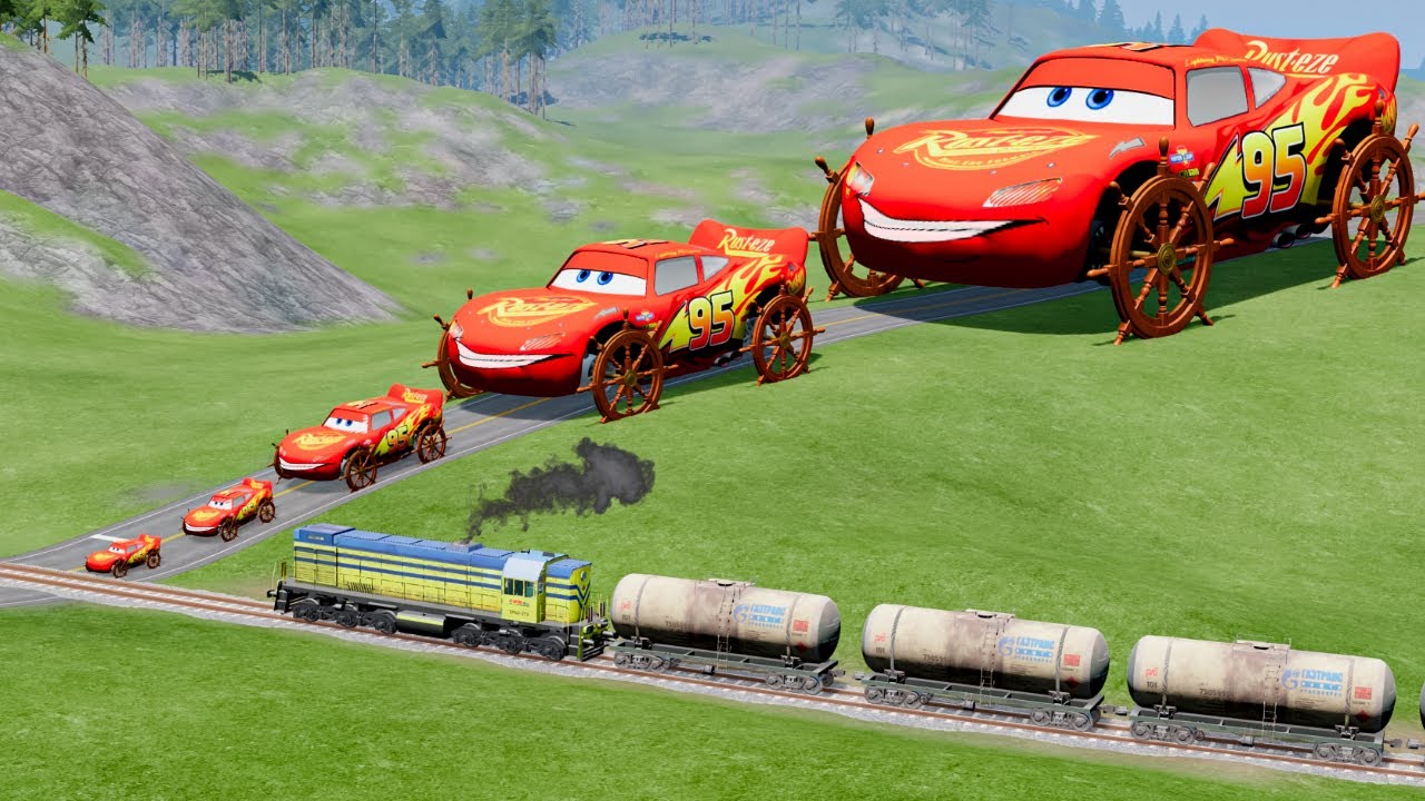 Big & Small Lightning McQueen with Ship Steering Wheel vs Trains and ...