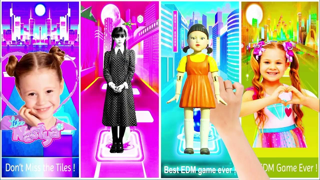 Like Nastya 🆚 Wednesday 🆚 Squid Game2 🆚 Diana and Roma | Tiles Hop EDM Rush | Conffin Dance song ...