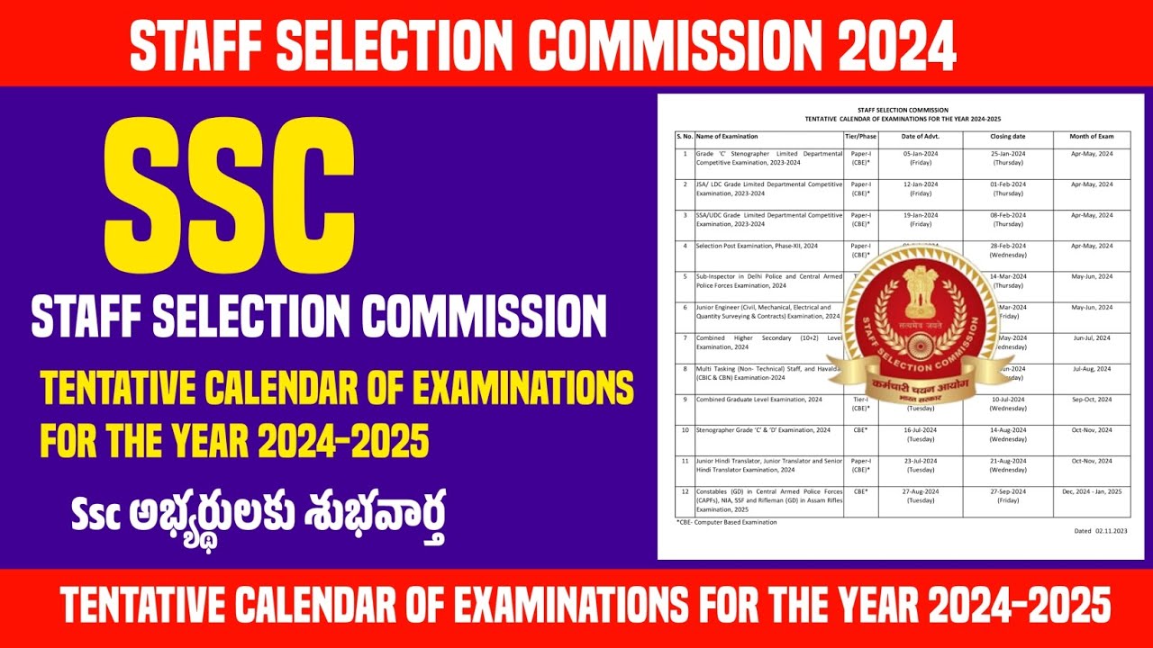 ️ STAFF SELECTION COMMISSION TENTATIVE CALENDAR OF EXAMINATIONS FOR THE ...