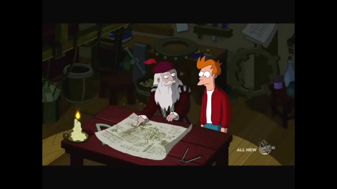 Futurama Da Vinci Episode Scroll Curling a Table - YouTube