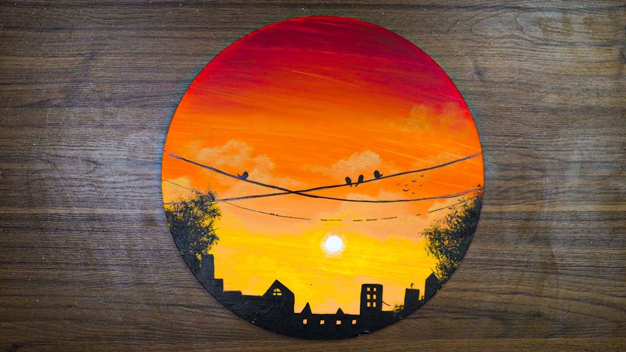 How To Paint A Sunset Cityscape | Sunset Acrylic Painting | Step By ...