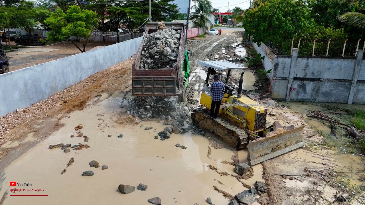 The Best New Project Genius Expert Bulldozer Komatsu Push Rock In Water On Soil Road Spread ...