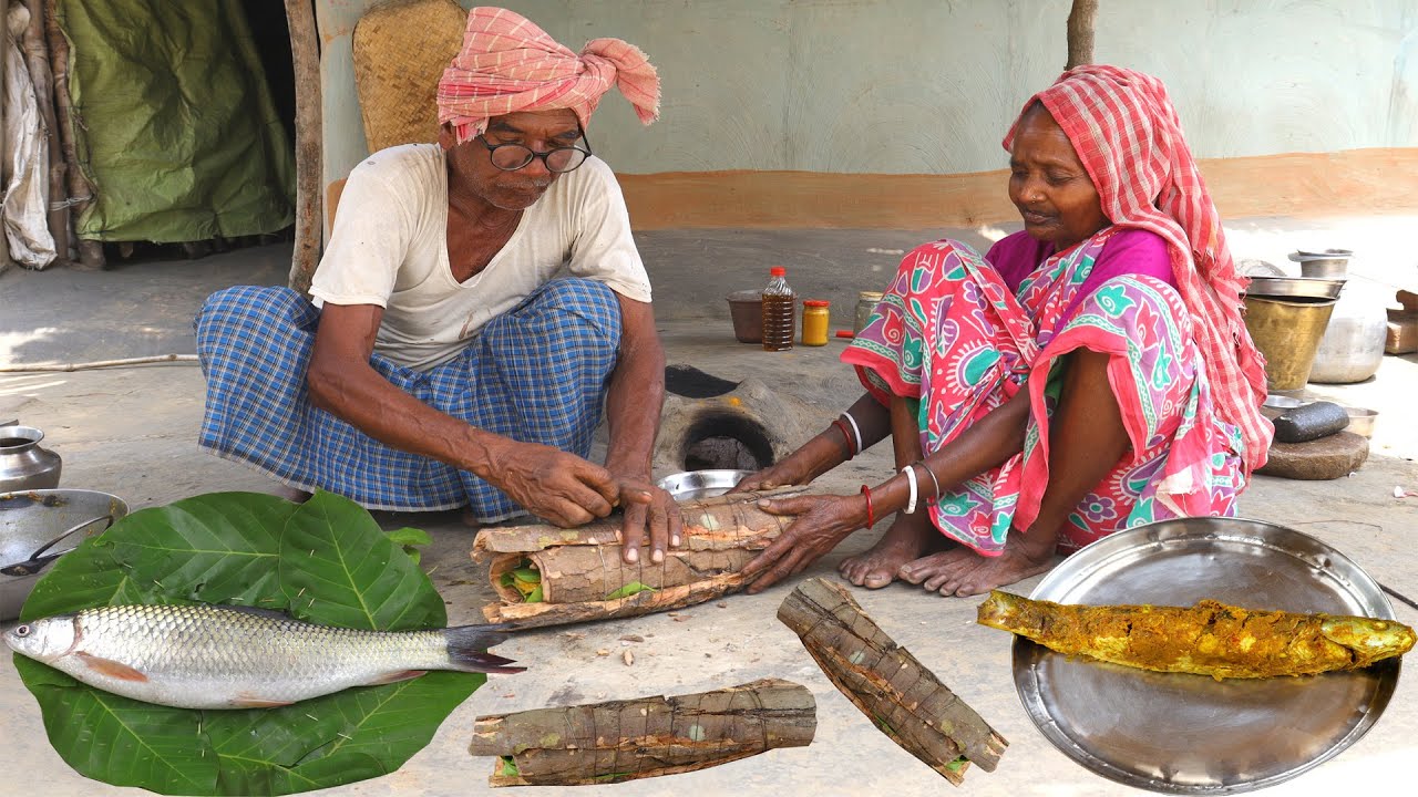 Primitive way Cooking Mrigal Carp Fish in Shal Tree Skin | Amazing ...