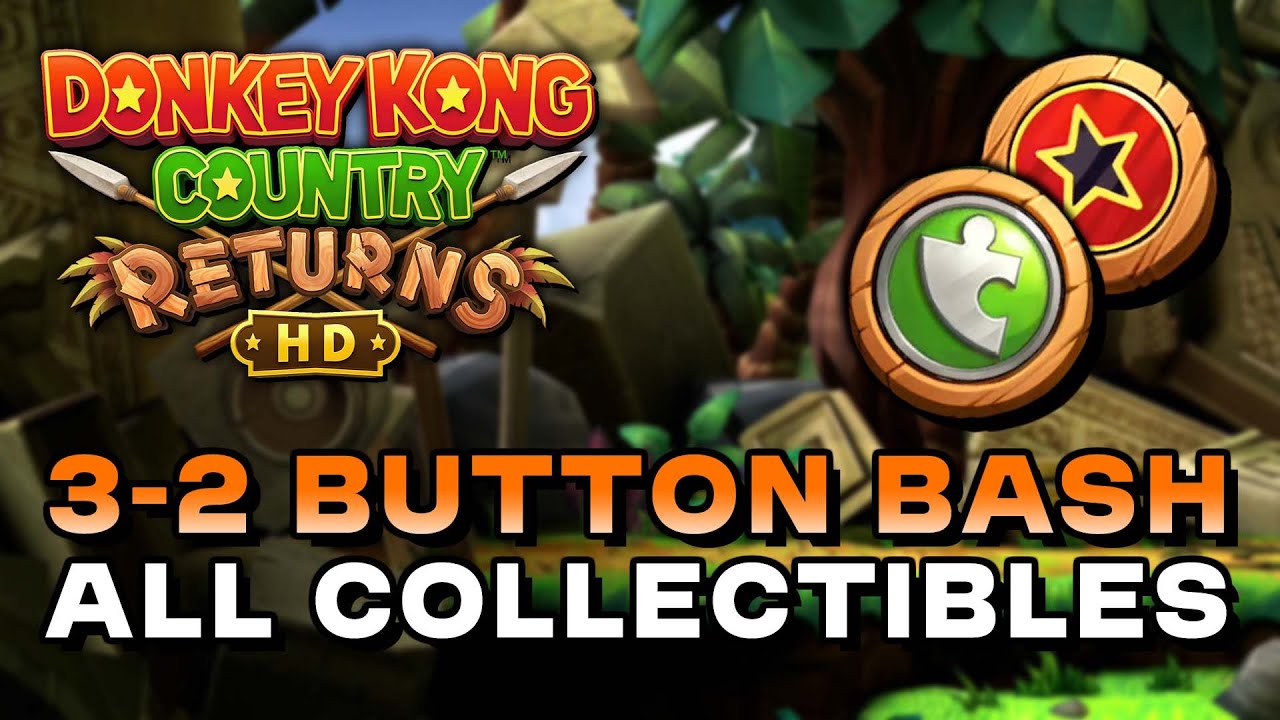 Donkey Kong Country Returns HD - 3-2 Button Bash (All Puzzle Pieces & Kong Letters) - YouTube