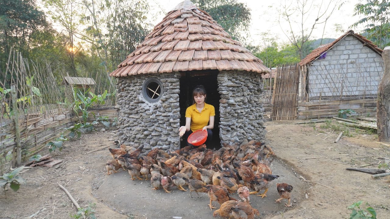 Chicken Coop Build by Stacking Many Stones, Red Tile Roof - Free ...