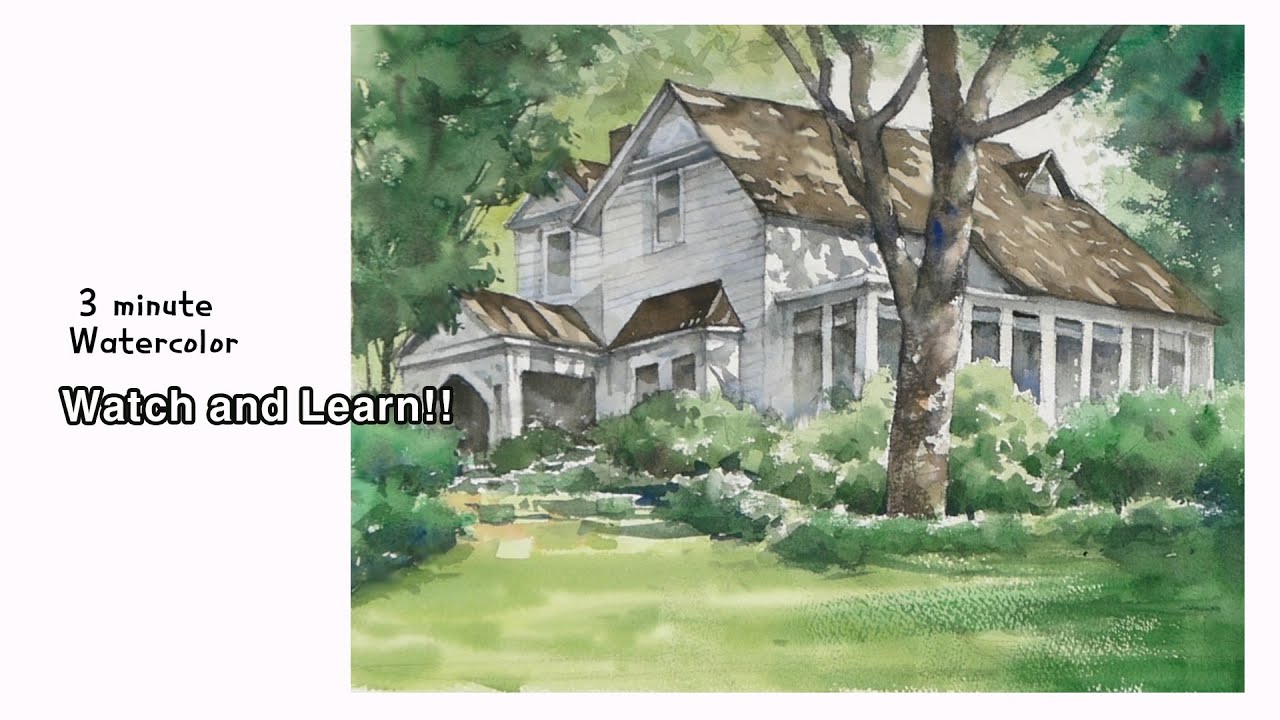 [ 3 minute Watercolor - Watch and Learn !! ] House with trees. NAMIL ...