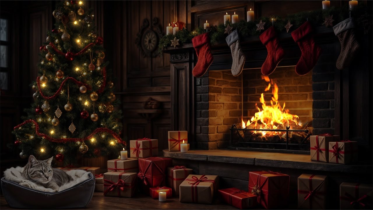 Relax with Purring Cat and Christmas Fireplace🔥Deep Sleep, Relax, Study ...