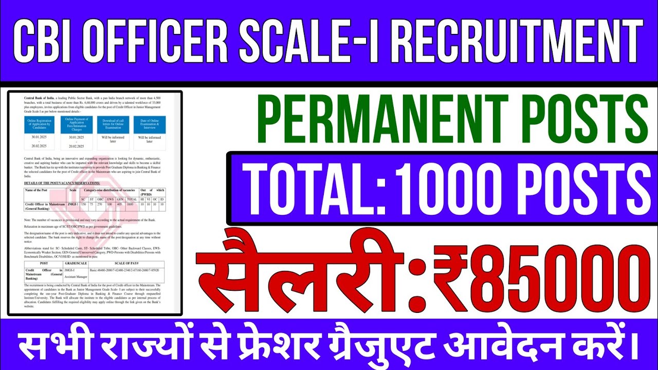 CBI SCALE-I AM RECRUITMENT 2025|1000 POSTS |FRESHERS GRADUATES APPLY ...
