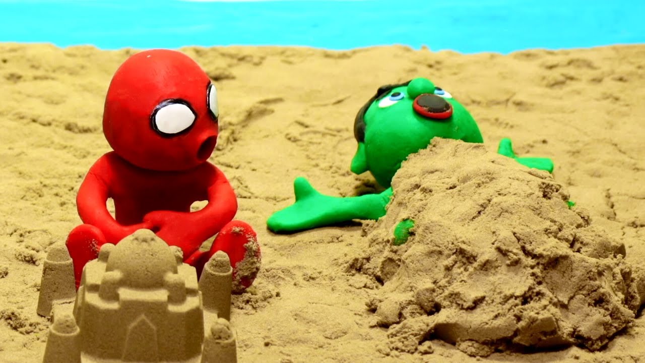 DibusYmas Cartoon playing in the sand 💕 Superhero Play Doh Stop motion ...