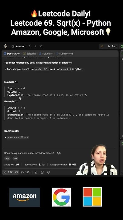 🔥Leetcode Daily! Leetcode69. Sqrt(x) - Python | #amazon, #google, #microsoft💡#shorts #viralreels ...
