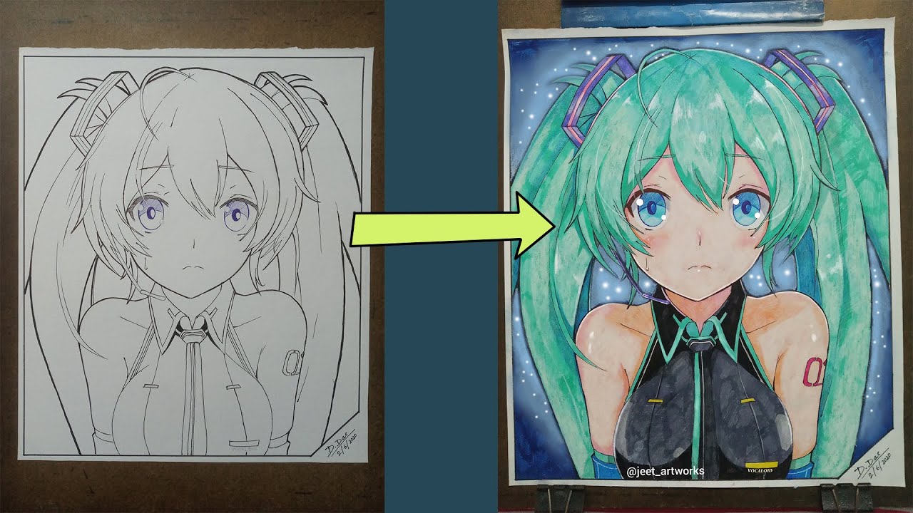 Drawing Hatsune Miku (Pen and ink+ color) - YouTube