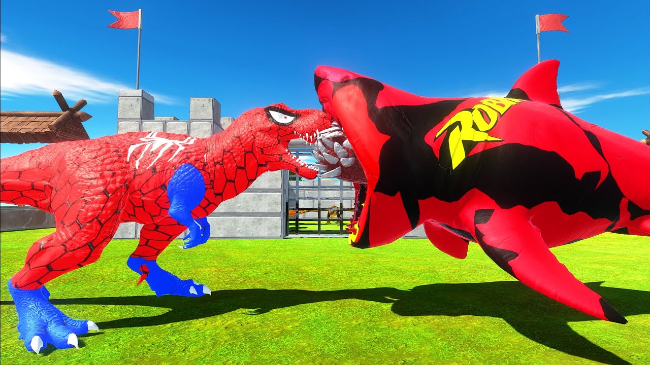 SPIDER-MAN T-REX & BATMAN T-REX vs MEGALODON DEATH RUN - Animal Revolt ...