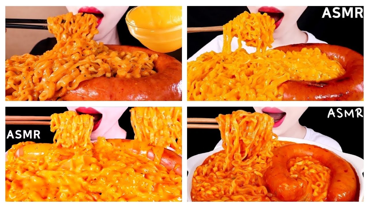 ASMR CHEESY FIRE NOODLES WITH SAUSAGE EATING//COMPILATION ...
