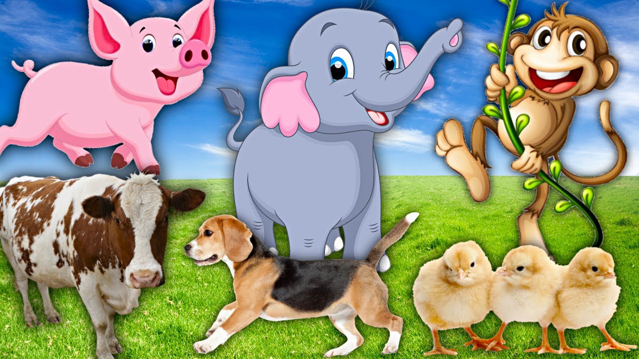 Animais da fazenda - elefante, vaca, cavalo, porco, pato, macaco, cabra ...
