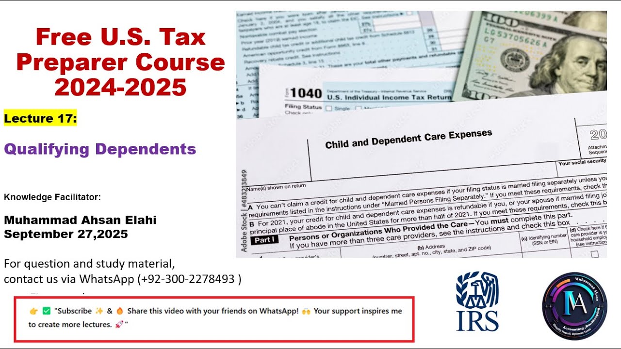 Free U.S. Lecture 17: Tax Preparer Course 2024-2025 | Qualifying ...