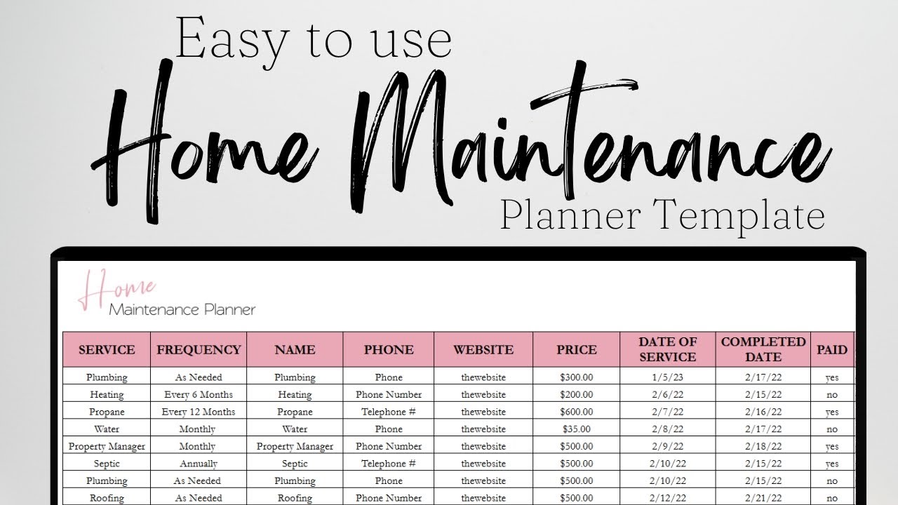 Home Maintenance Planner, Home Maintenance Schedule Template Excel Spreadsheet, Google Sheets ...