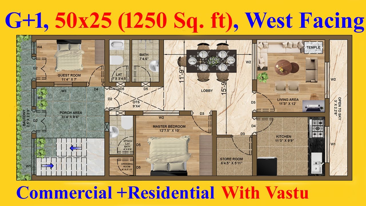 #46| 50X25 Feet, West Facing, G+1 House Design| 1250 sqft.| Commercial ...