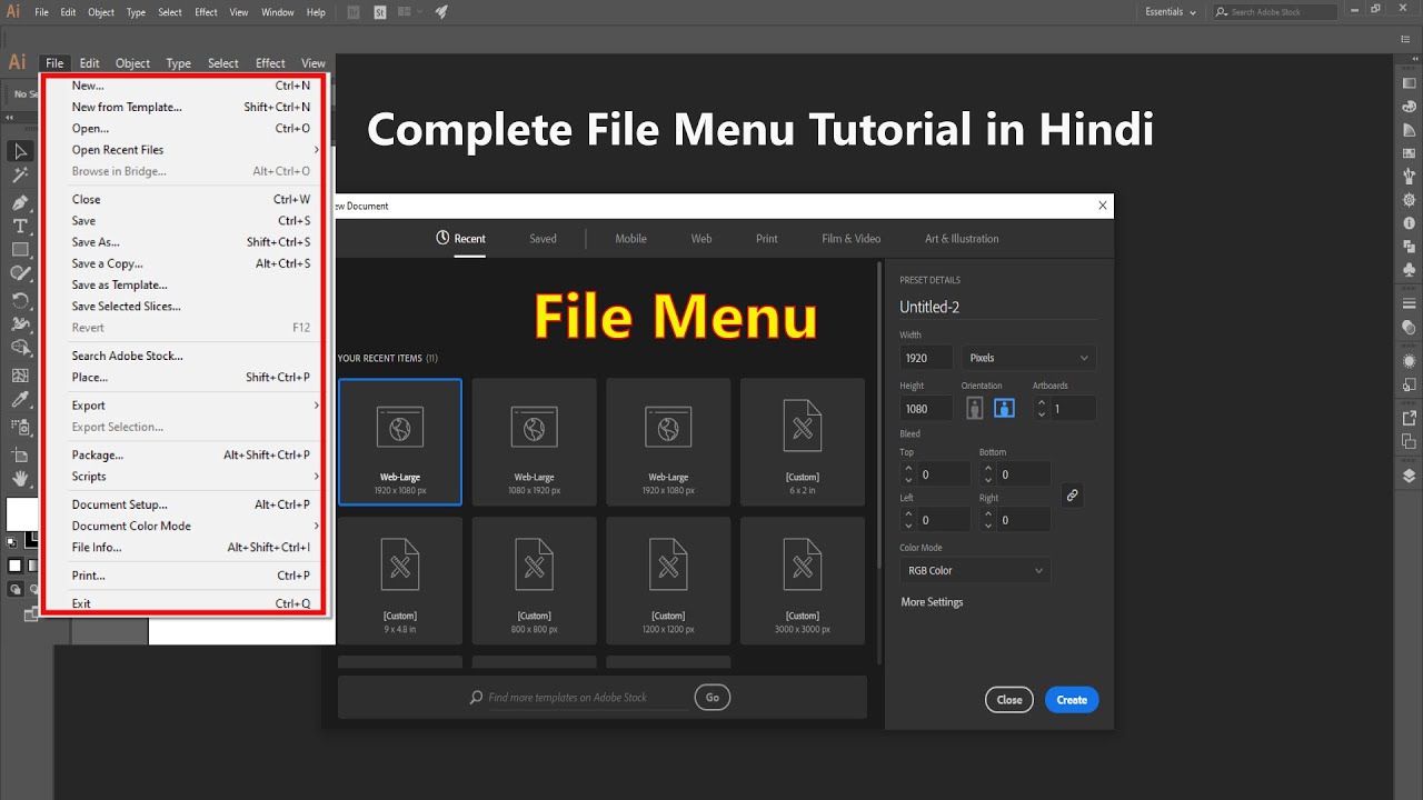 File Menu In Illustrator | Adobe illustrator File Menu tutorial for ...