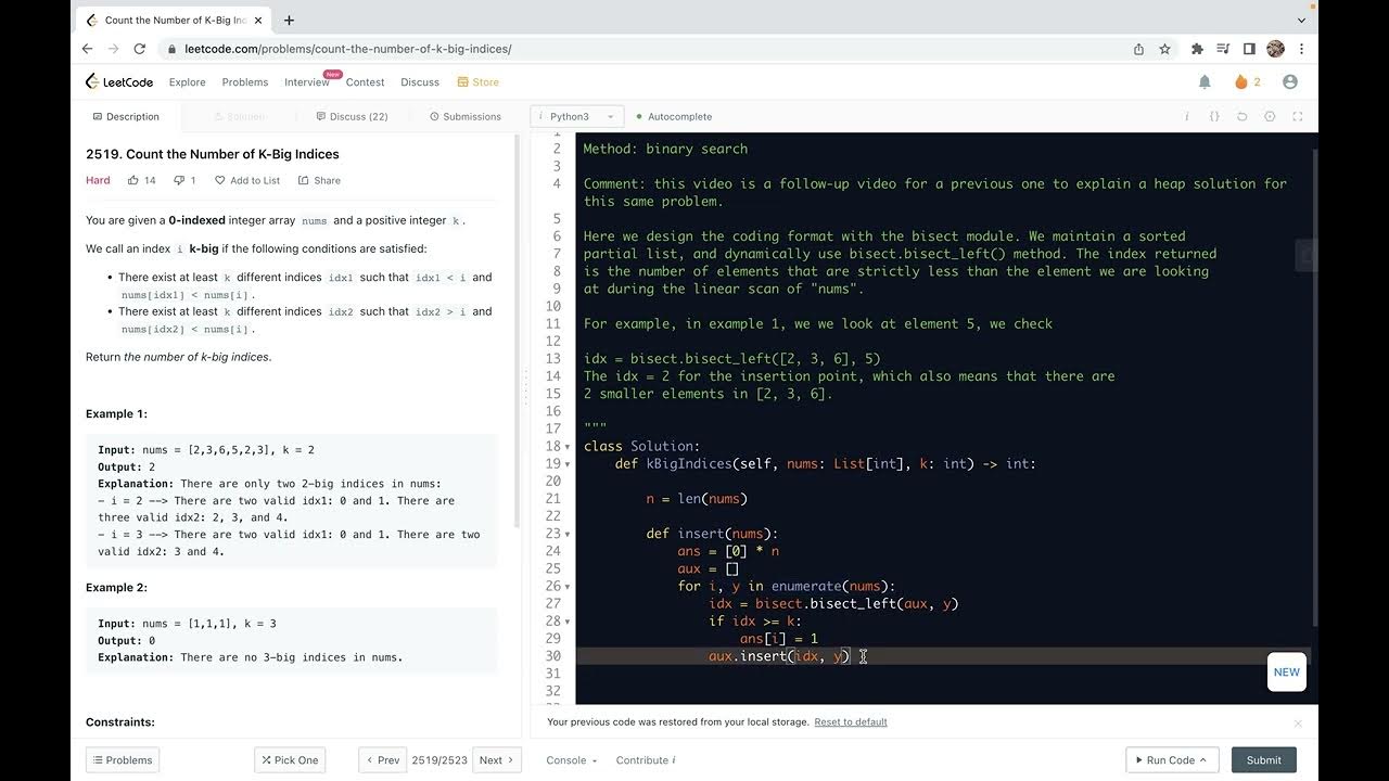 leetcode 2519. Count the Number of K-Big Indices - binary search based ...