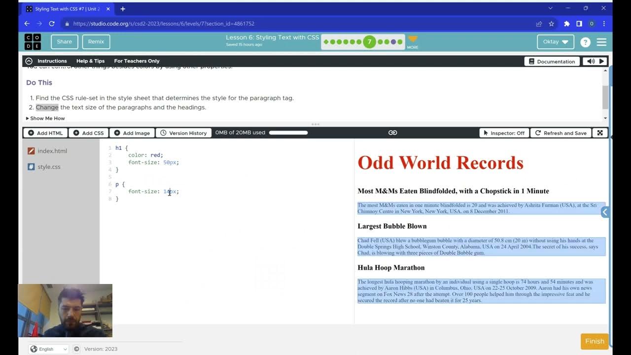 Unit 2: Lesson 6 -Activity 7 - Styling Text with CSS I Web Development ('23-'24) - Code.org ...