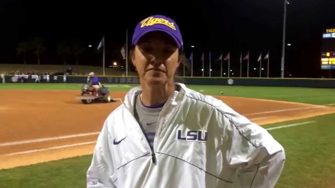LSU softball coach Beth Torina speaks after 7-0 win against N.C. State ...