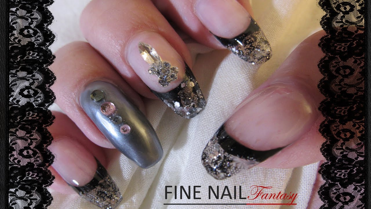 Black lace encapsulated foil glitter gel nails - YouTube