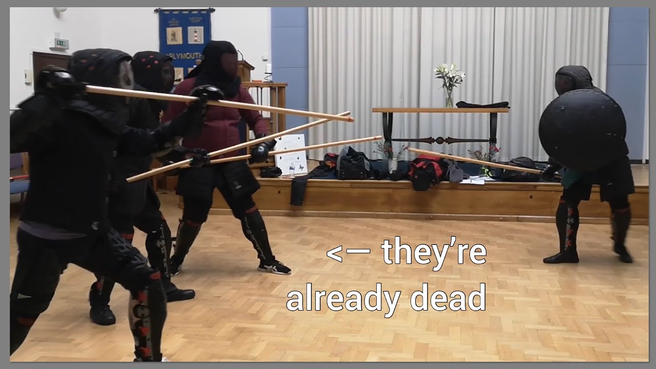 286 - HEMA Sparring - Spear vs Spear and Shield (Wood/Synthetic) - Highlights - 3v1 (and 1v1s ...