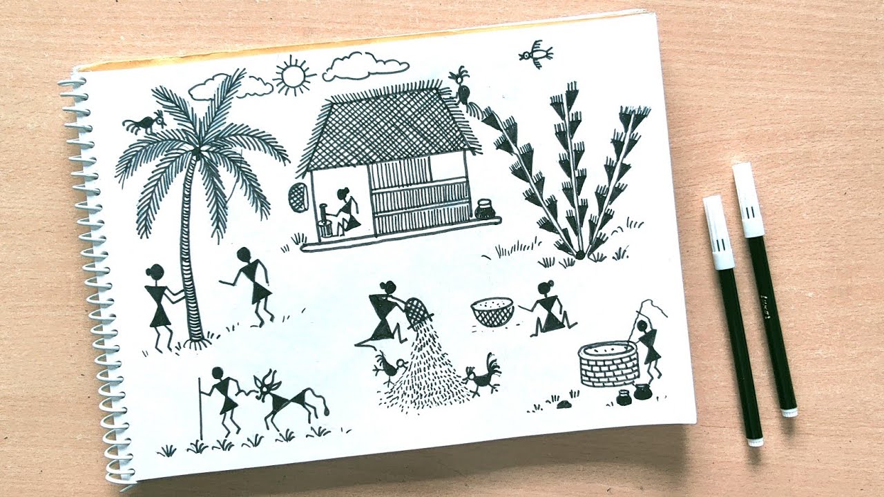 How to draw warli art with sketch pen | tribal art drawing ...