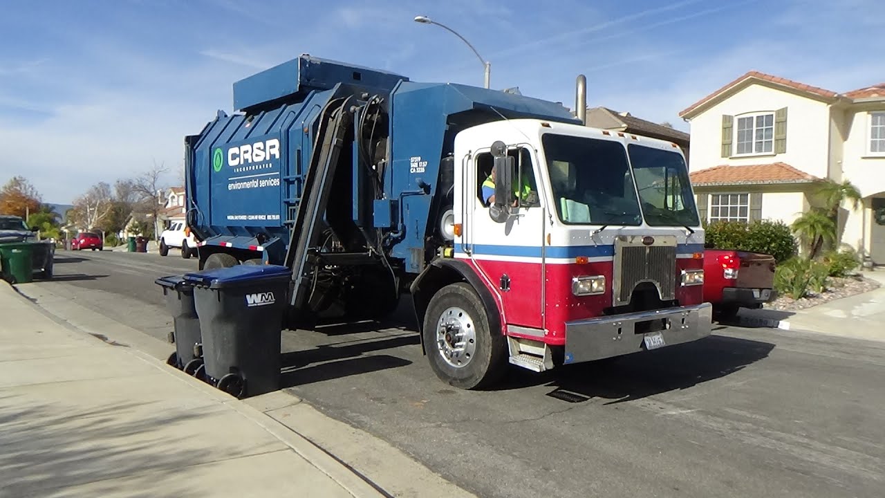 CR&R Garbage Truck On Waste Managment Trash Cans - YouTube
