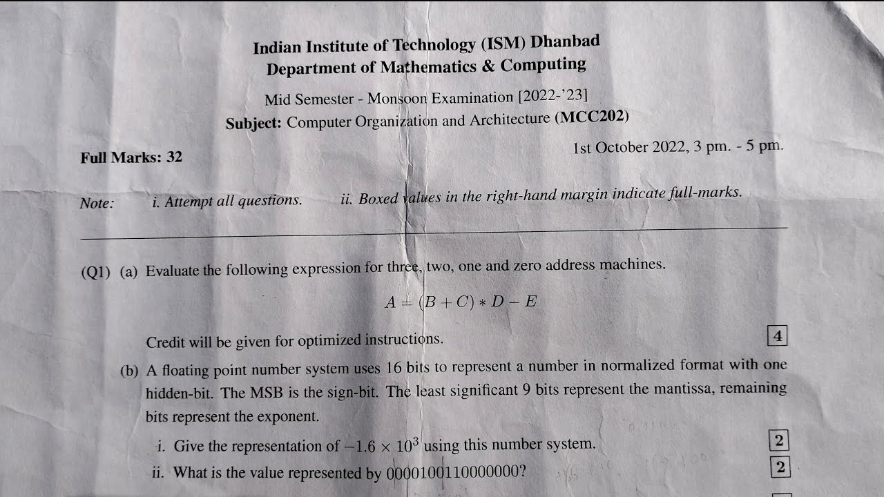 IIT DHANBAD | COMPUTER ORGANIZATION & ARCHITECTURE | | QUESTION PAPER ...