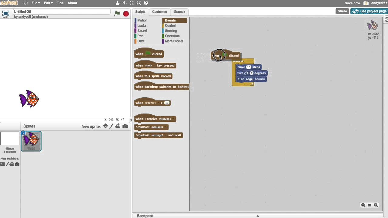 Scratch Aquarium 1A - Motion 'If On Edge Bounce' - YouTube