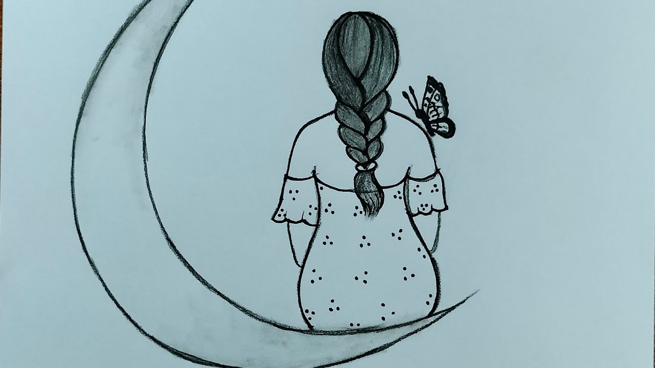 Drawing of a girl sitting on a Moon ||Girl drawing | Easy drawing ideas ...