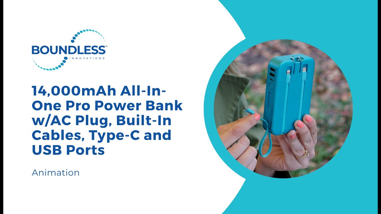14,000mAh All-In-One Pro Power Bank w/AC Plug, Built-In Cables, Type-C ...