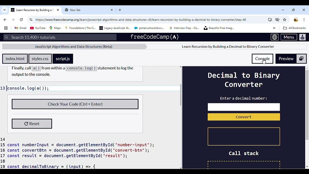 Learn Recursion by Building a Decimal to Binary Converter Step 46 freeCodeCamp.org - YouTube