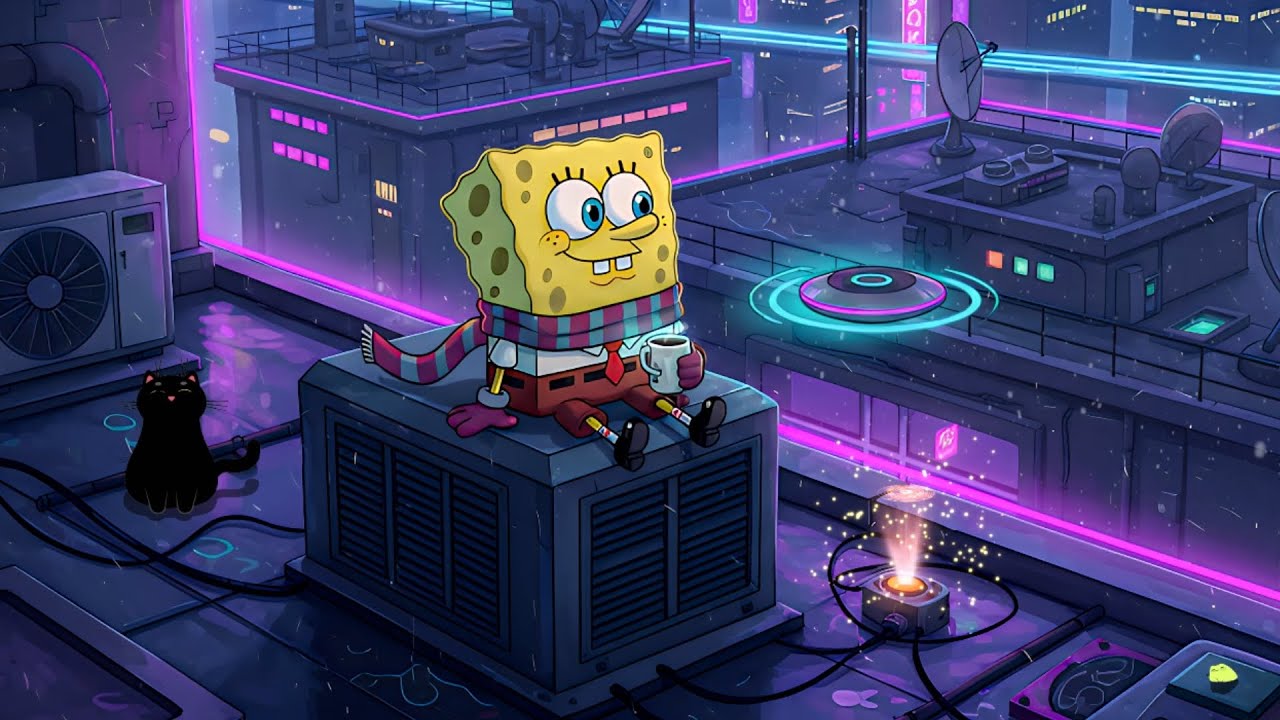 Chill ️ SpongeBob Rooftop Neon Skyline – Lofi Hip Hop Mix ~ Beats To ...