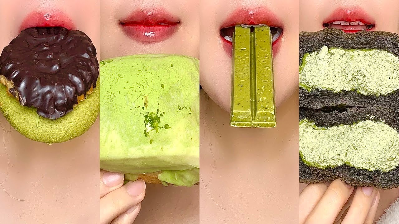 🍵green tea ASMR / emoji challenge mukbang eating sounds / 녹차 디저트 먹방 ...