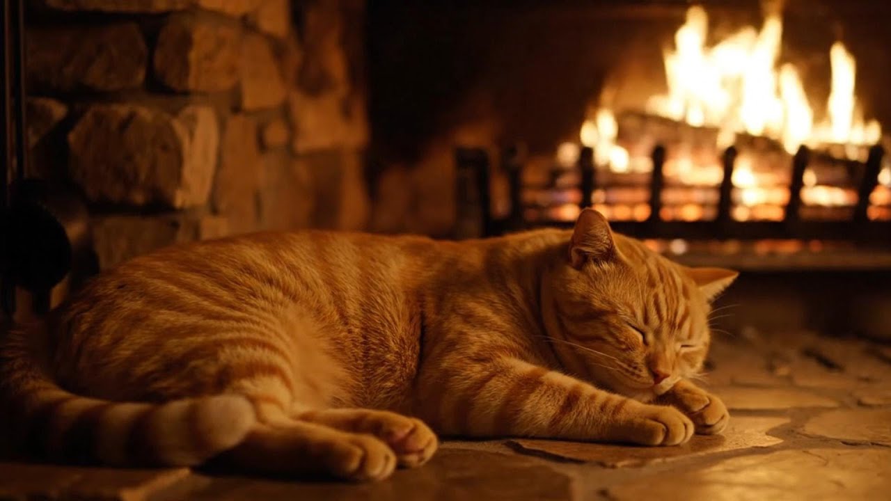 Cozy Fireplace Ambience and Relaxing Cat Purr / Stress Relief and Deep ...