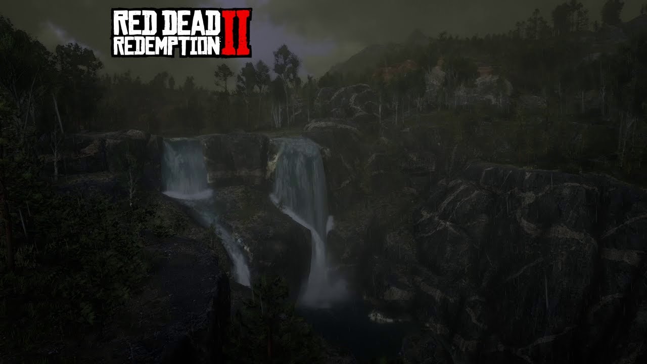 RDR2 Ambience: waterfall sounds, rainy day, wildlife, birds chirping ...
