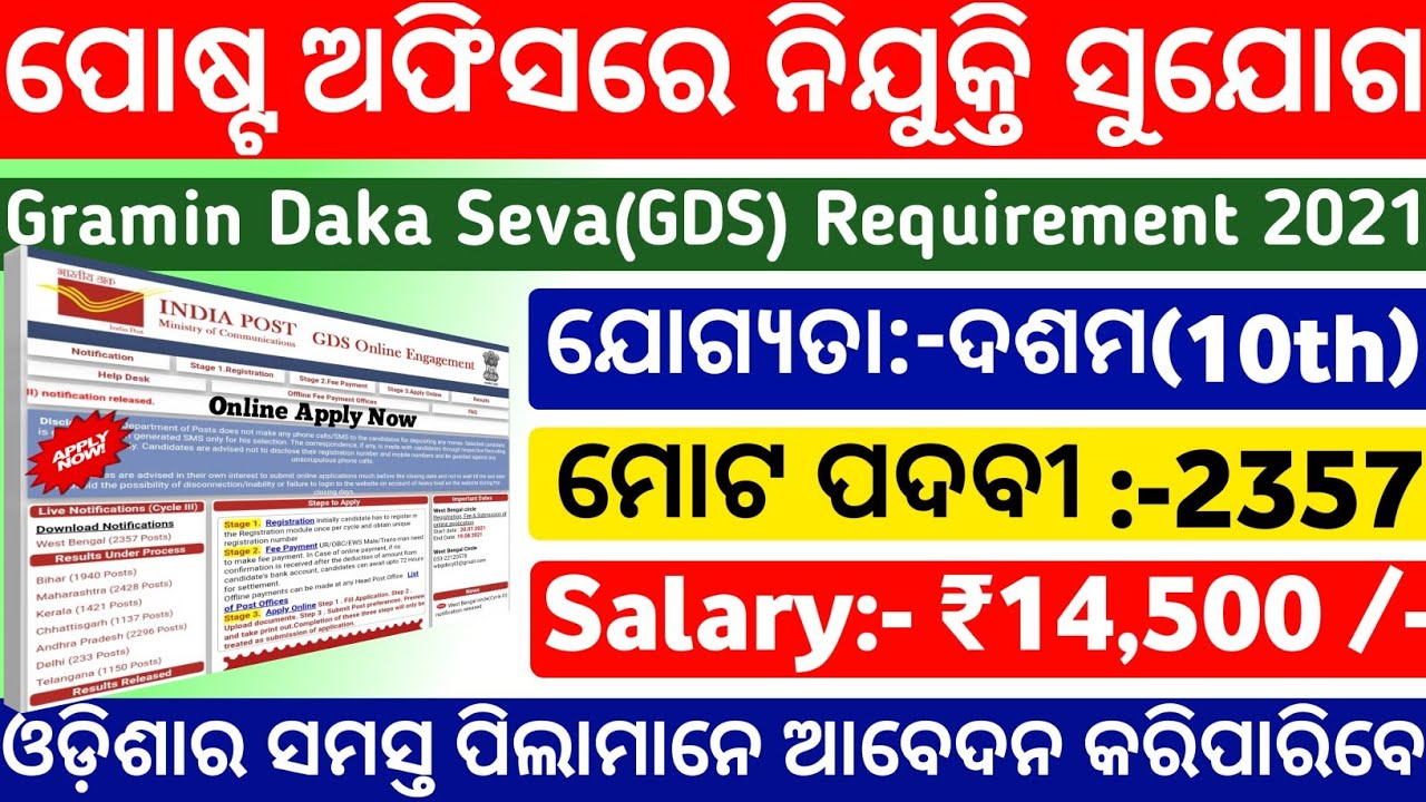 Post office requirement 2021|GDS vacancy 2021|Odisha Govt jobs 2021 ...