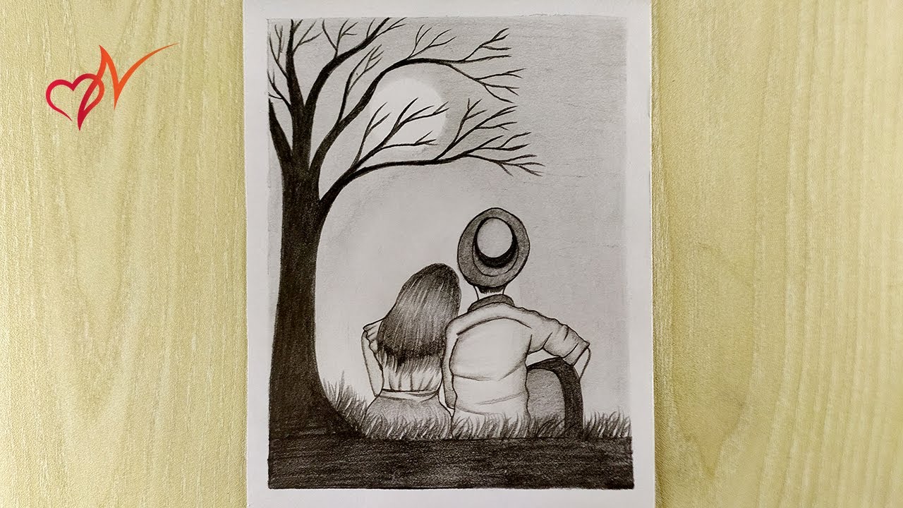 Couple sitting under a tree with guitar | Romantic scenery pencil ...
