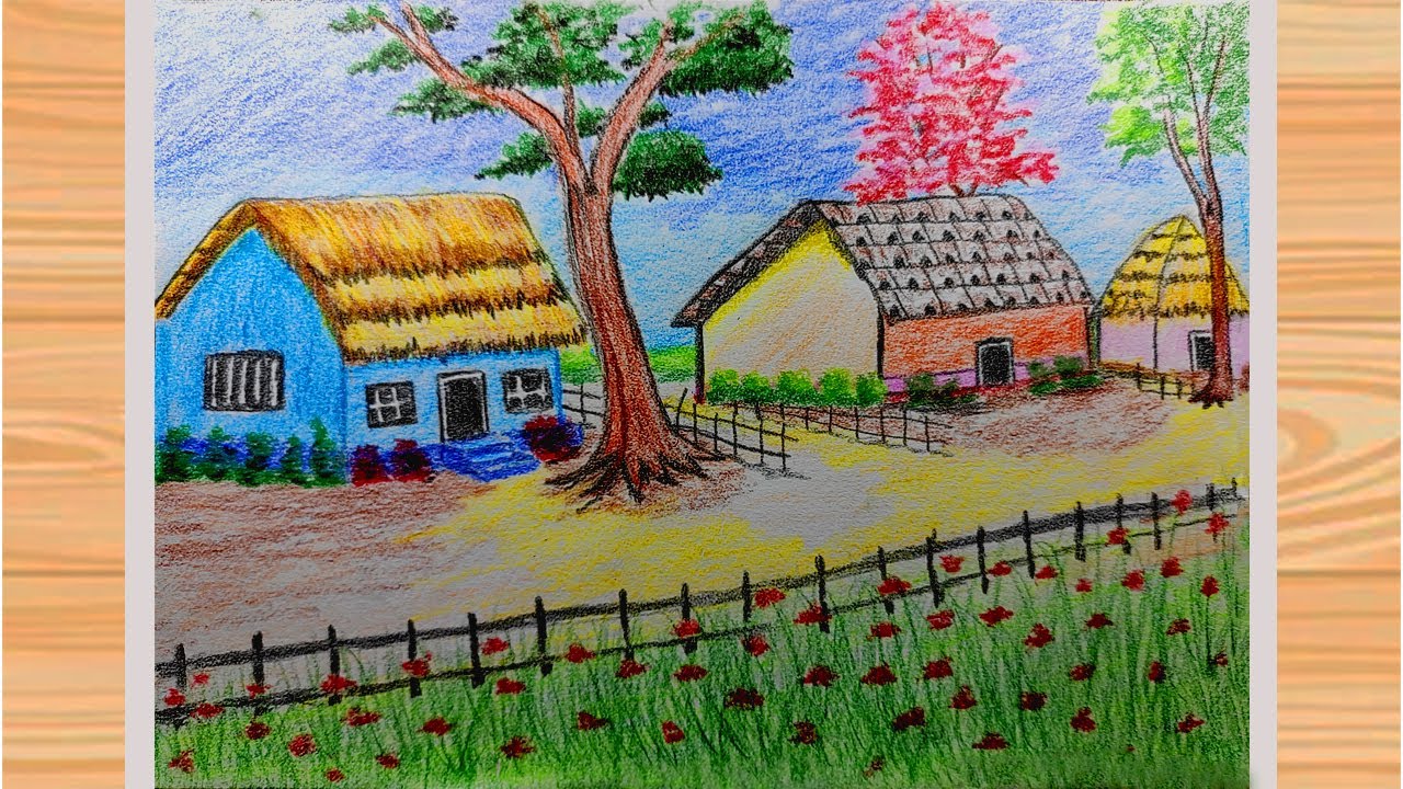 How to draw a village scenery with color pencil - Drawing easy ...