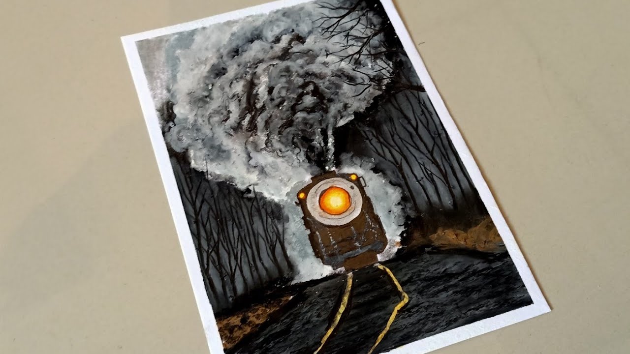 Black and white- Snowy Train Step by Step Oil Pastel Painting for ...