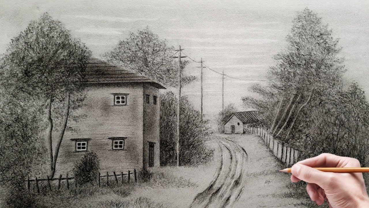 Drawing a beautiful autumn landscape with a pencil step by step ...