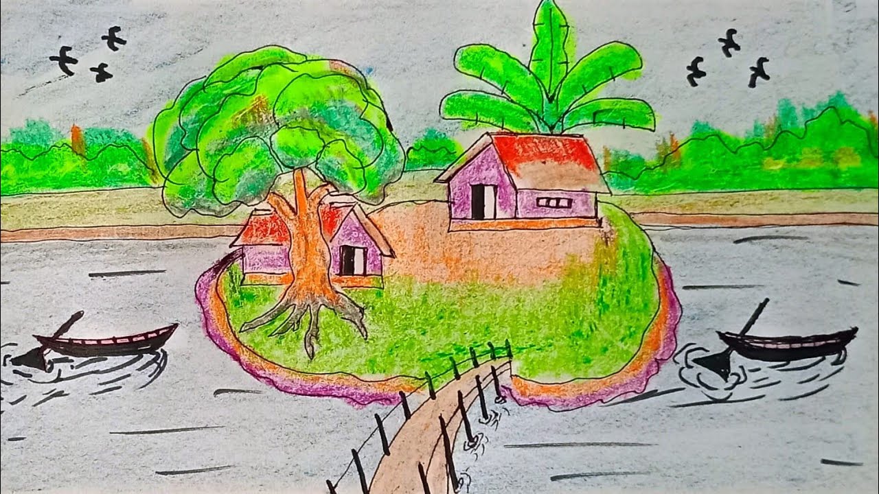 Easy way to draw village | Gram aka | নদীর দৃশ্য আঁকা | গ্রাম আঁকা ...