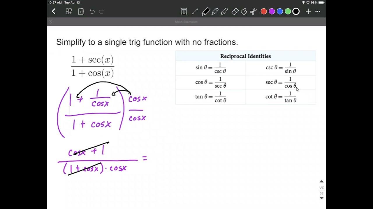 Simplify rational trig expression to single trig function precalculus ...