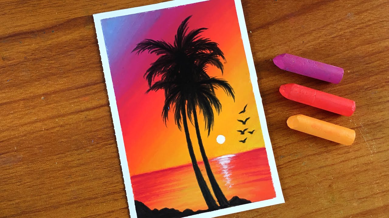 Simple Sunset Painting for beginners in Simple Steps | Oil Pastel ...